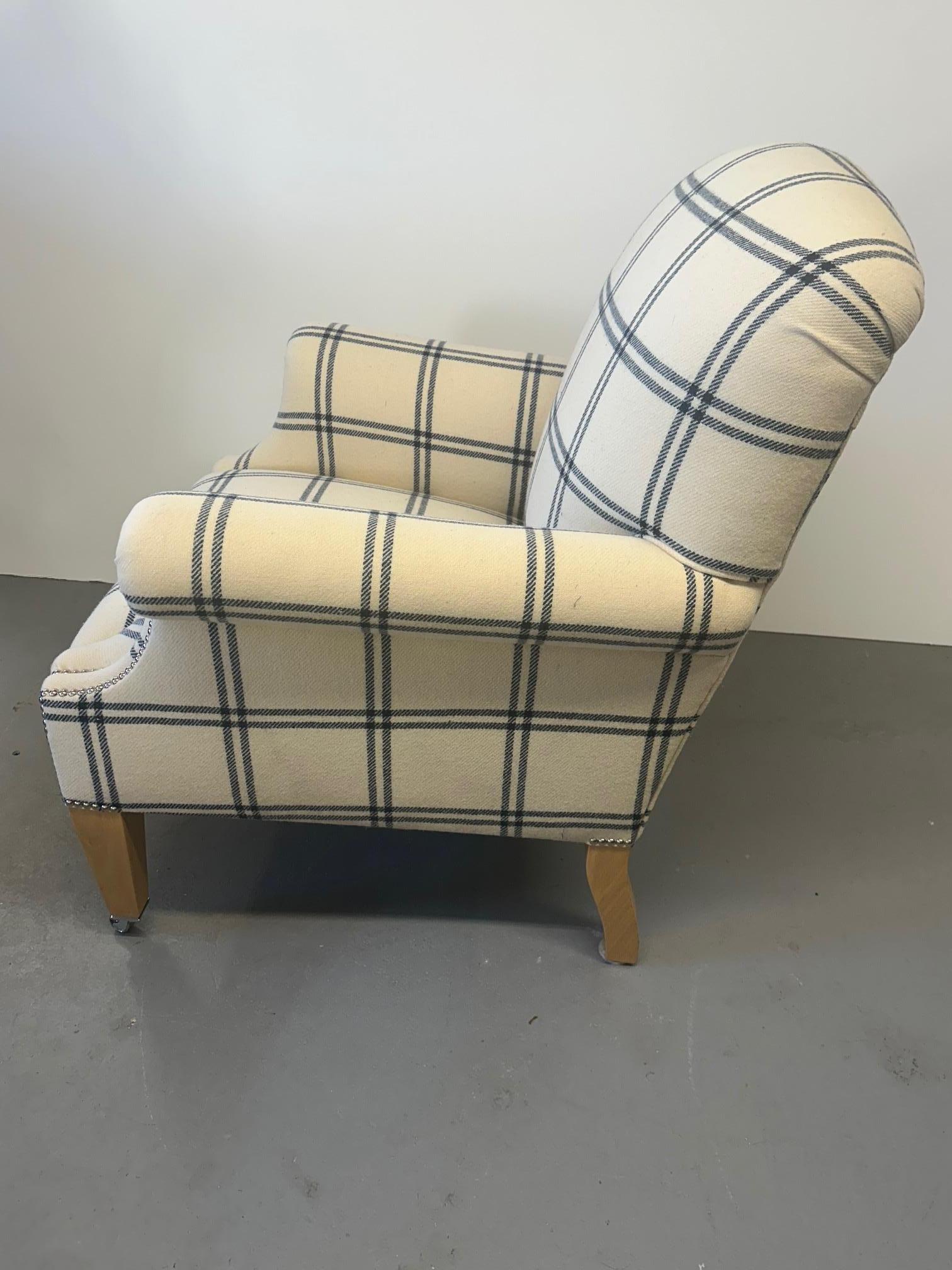 Classic Pair of George Smith Blue and Cream Wool Plaid Club Chairs For ...