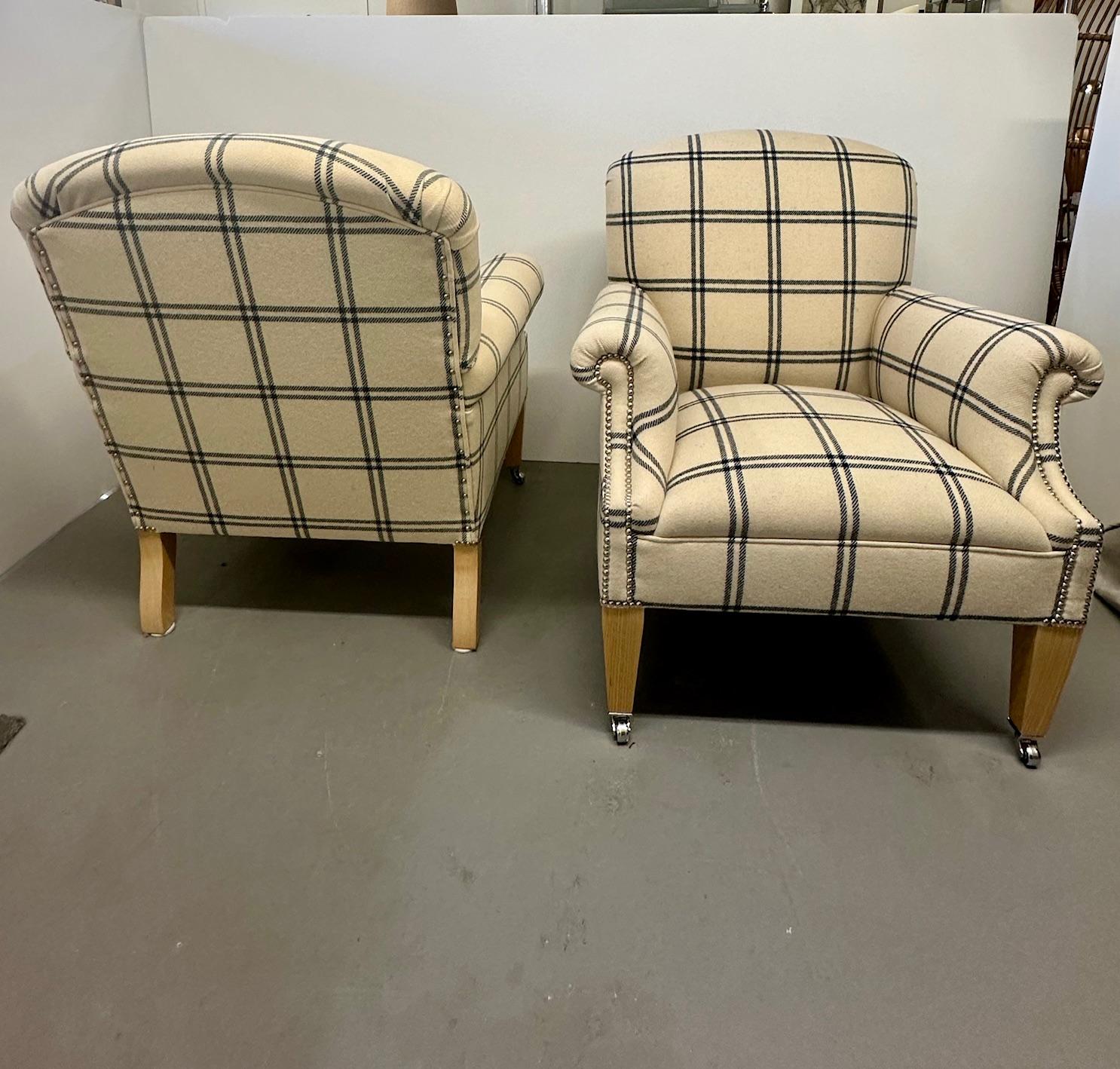 Classic Pair of George Smith Blue and Cream Wool Plaid Club Chairs For ...
