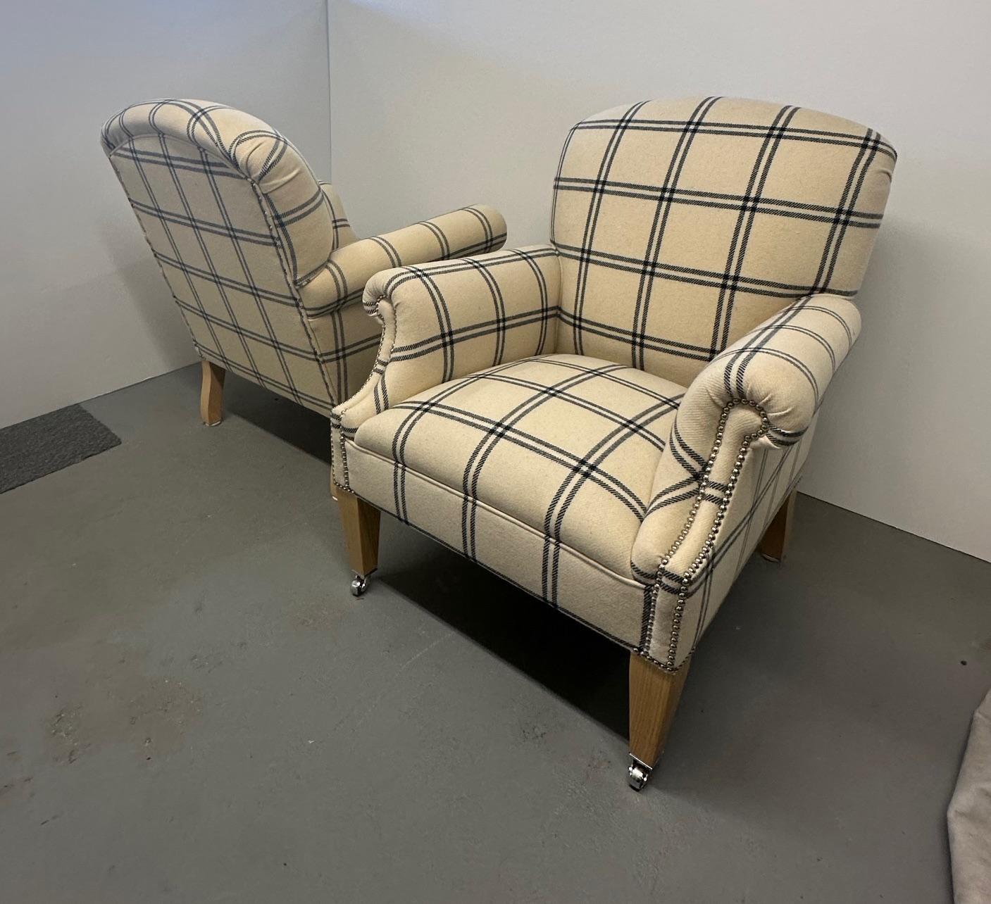 Classic Pair of George Smith Blue and Cream Wool Plaid Club Chairs For ...