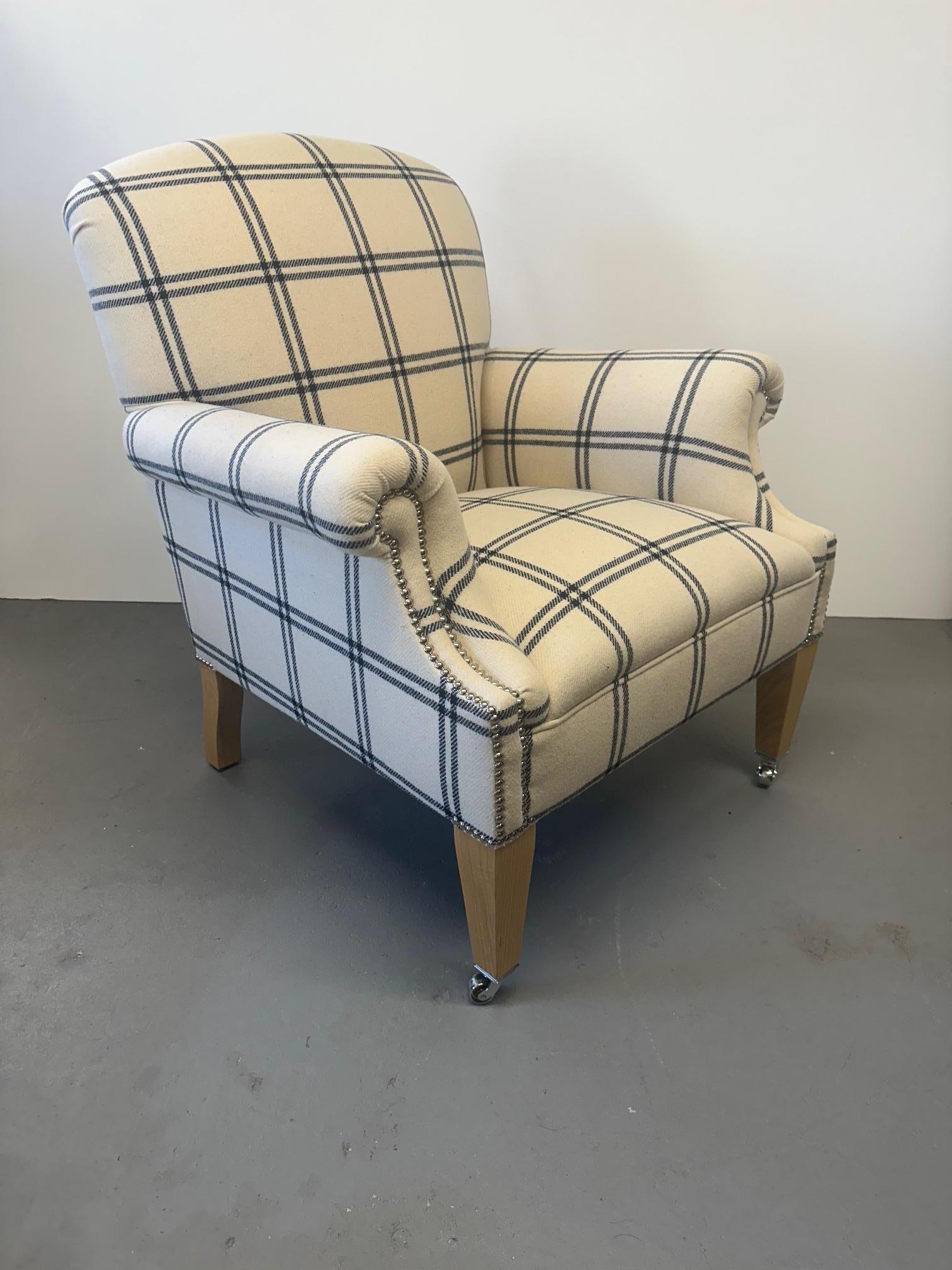 Classic Pair of George Smith Blue and Cream Wool Plaid Club Chairs For ...
