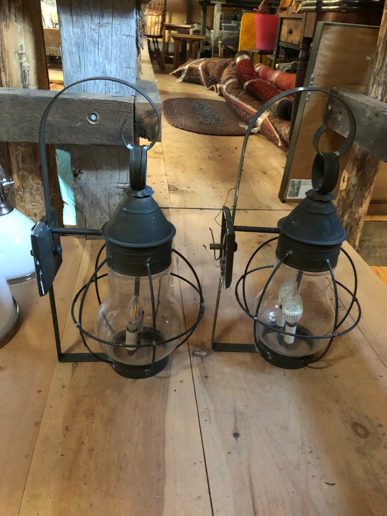 Classic Pair of Large Metal Tole and Glass Wall Mounted Lanterns For ...