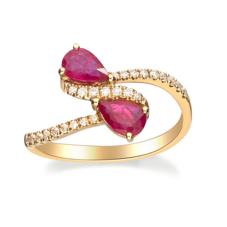 Classic Pear-Cut Ruby with Round-Cut Diamond 10k Yellow Gold Ring For ...