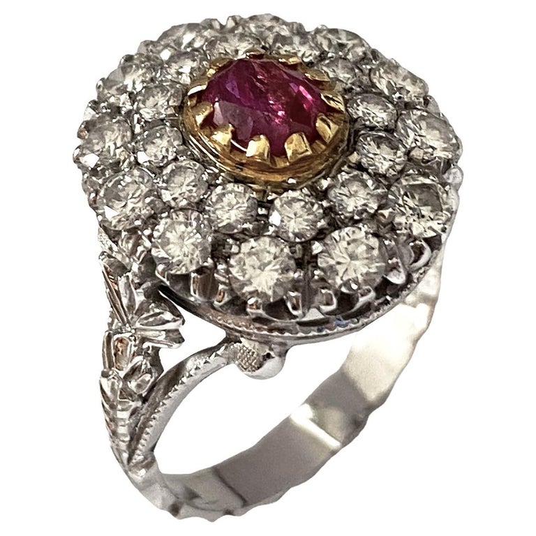 Classic Ring with Natural Ruby and Natural Diamonds, 18kt White Gold ...