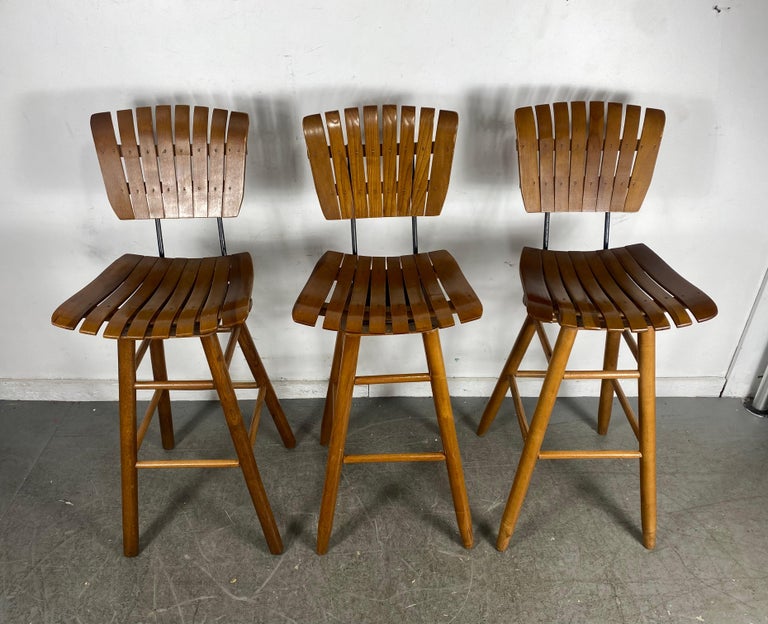 Classic set 3 Slat Wood Bar / Counter Stools designed by Arthur Uminoff ...