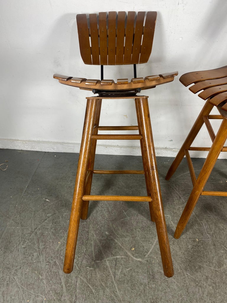 Classic set 3 Slat Wood Bar / Counter Stools designed by Arthur Uminoff ...