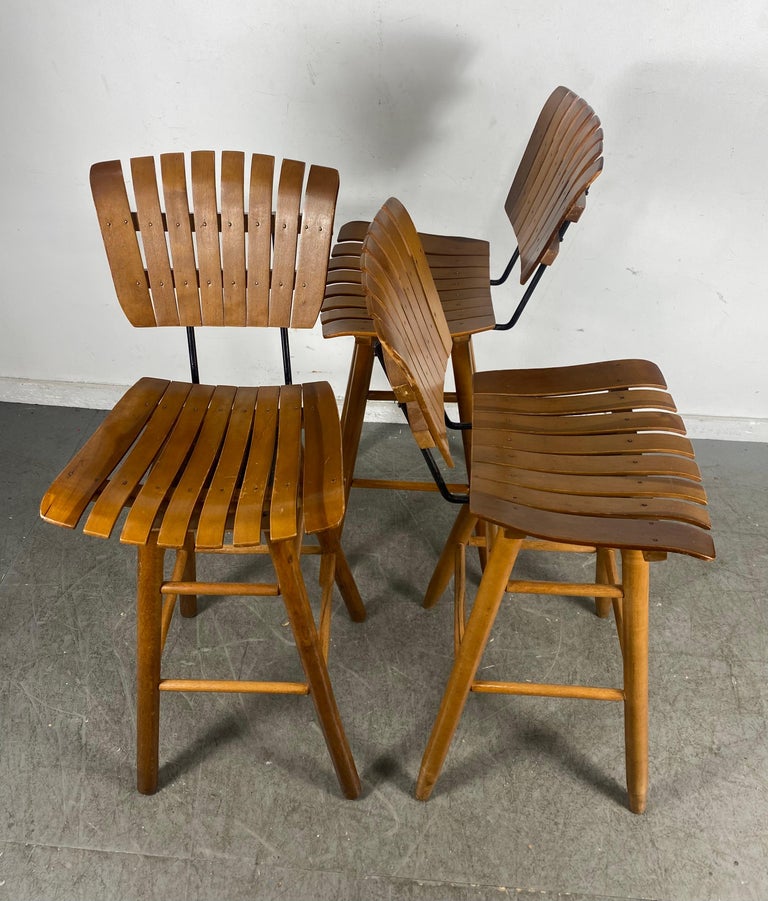 Classic set 3 Slat Wood Bar / Counter Stools designed by Arthur Uminoff ...