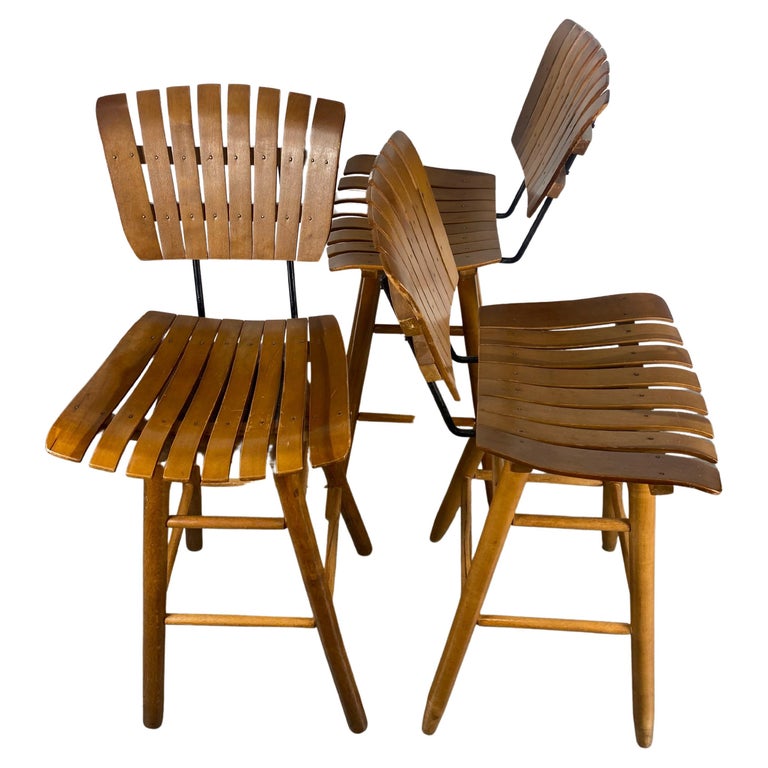 Classic set 3 Slat Wood Bar / Counter Stools designed by Arthur Uminoff ...