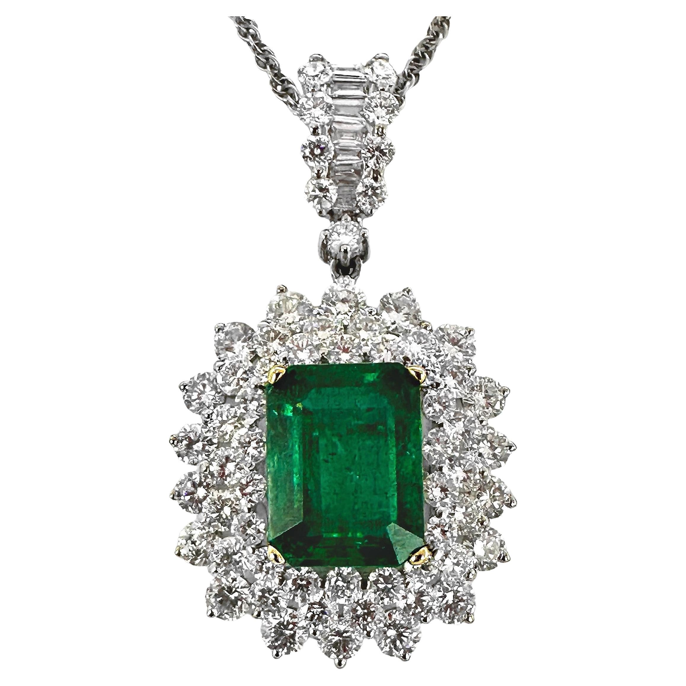 Classic Style 18K White Gold, Emerald and Diamond Cocktail Pendant For ...