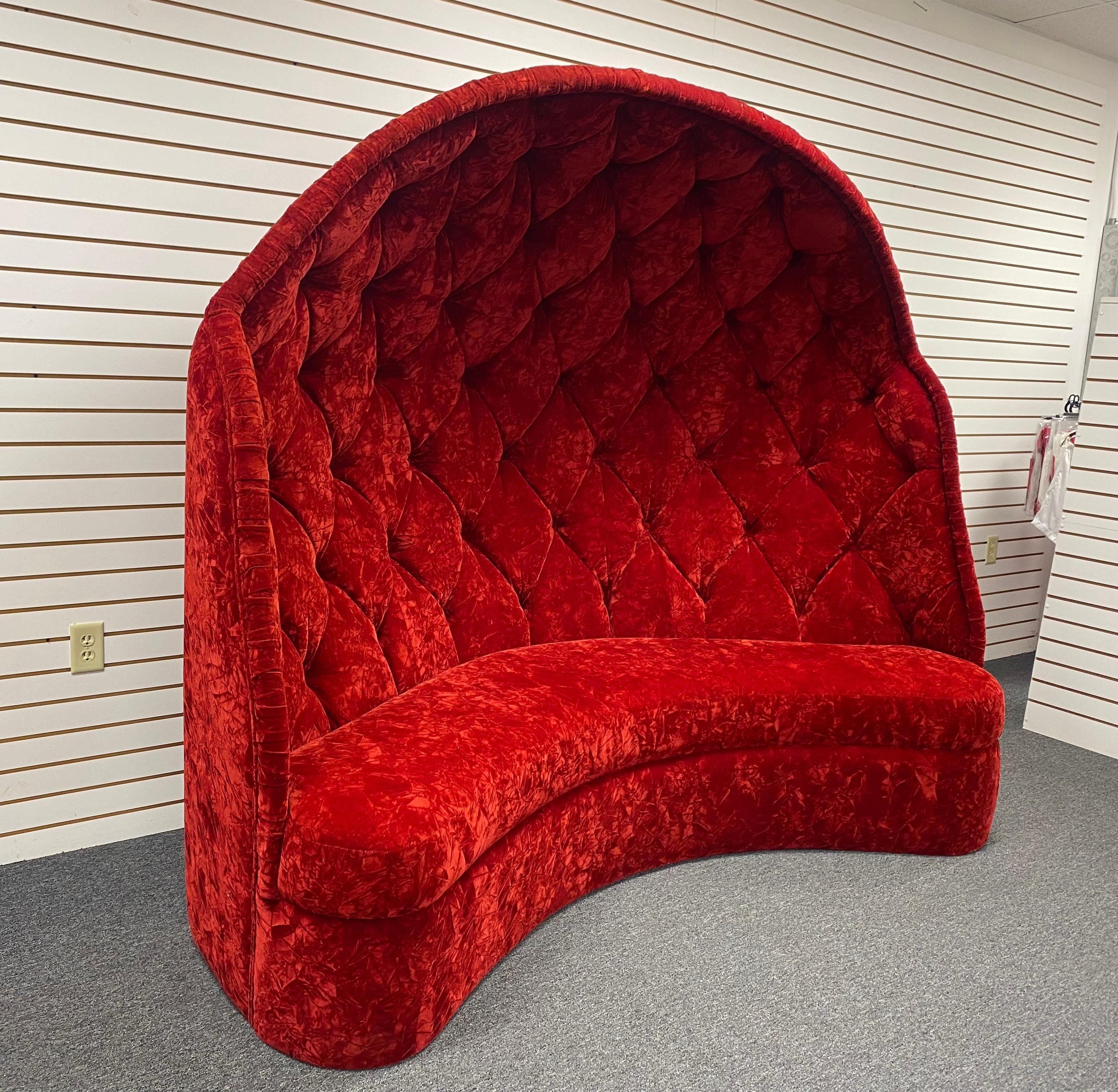 Classic Tufted Red Velvet Hooded Curved Sofa at 1stDibs