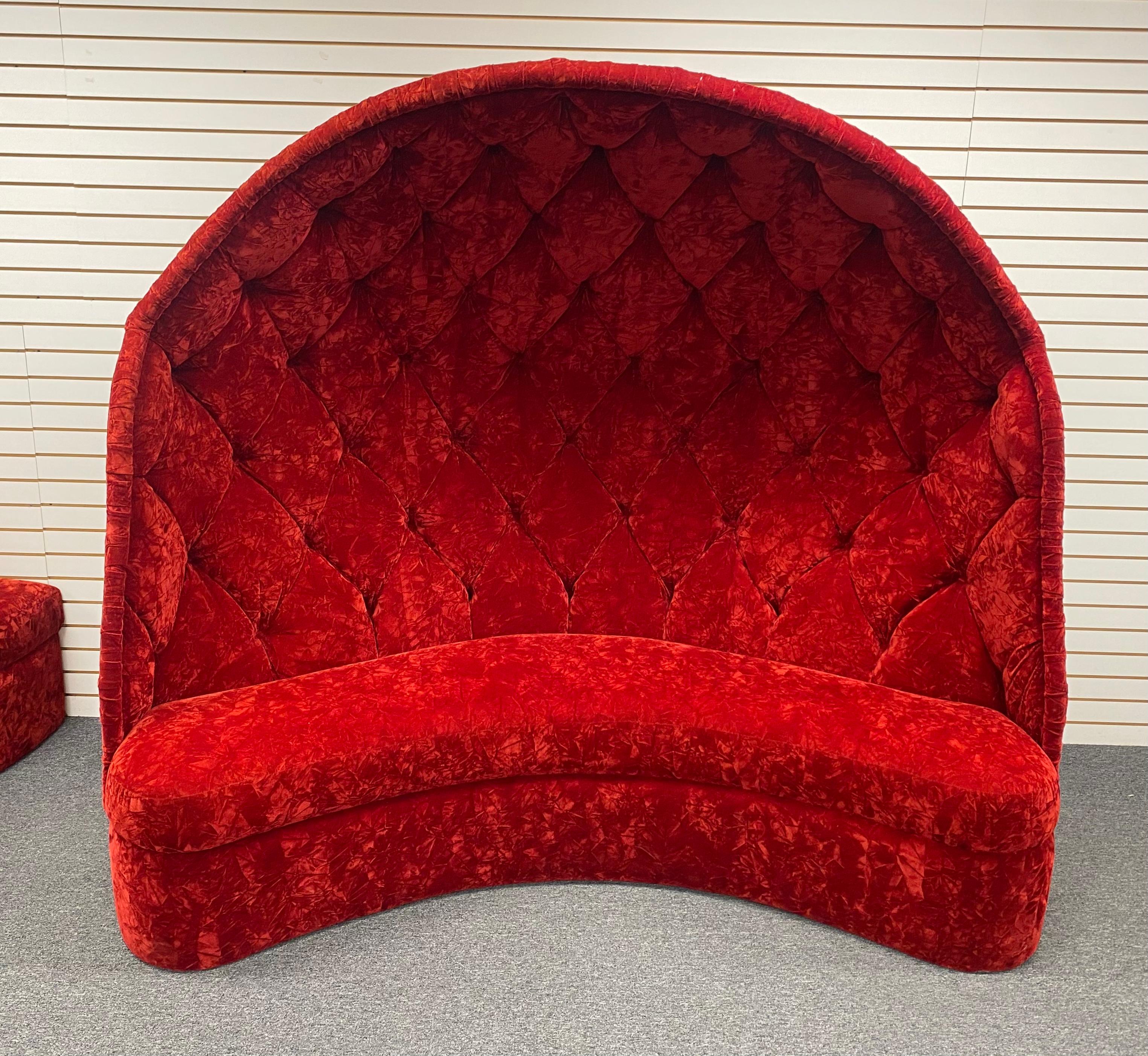 Classic Tufted Red Velvet Hooded Curved Sofa at 1stDibs