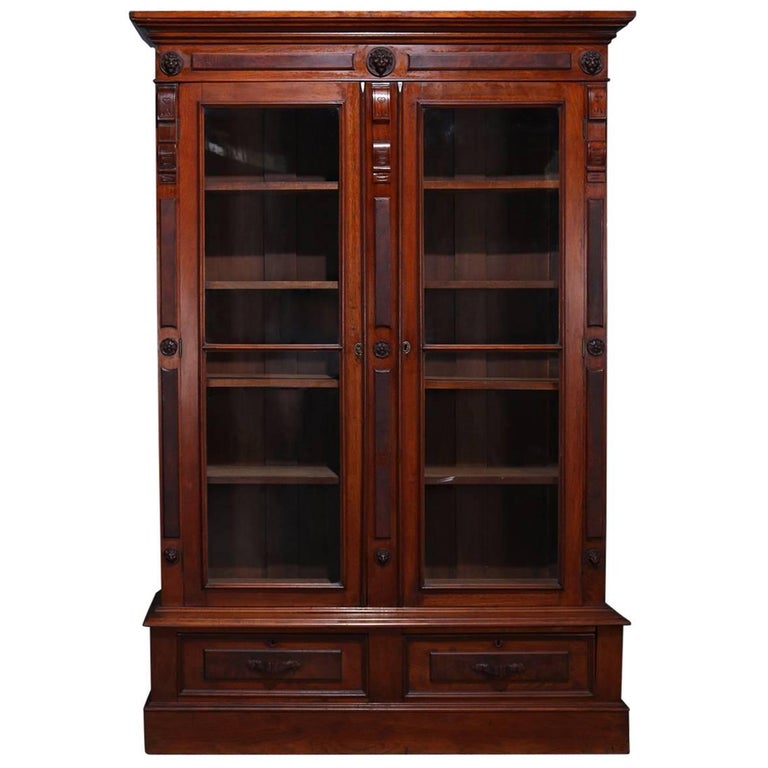 Classical Burl Walnut Two-Drawer Locking Bookcase with Lion Head ...