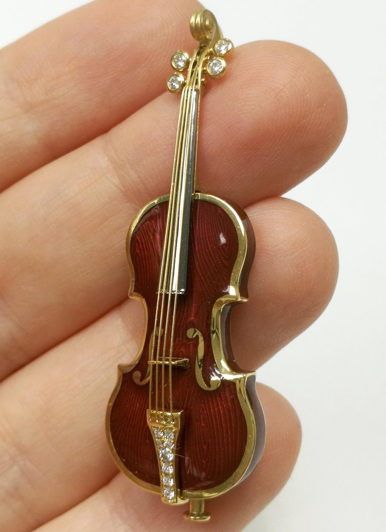Classical Enamel Diamond 18 Karat Yellow Gold Violin Brooch For Sale at ...