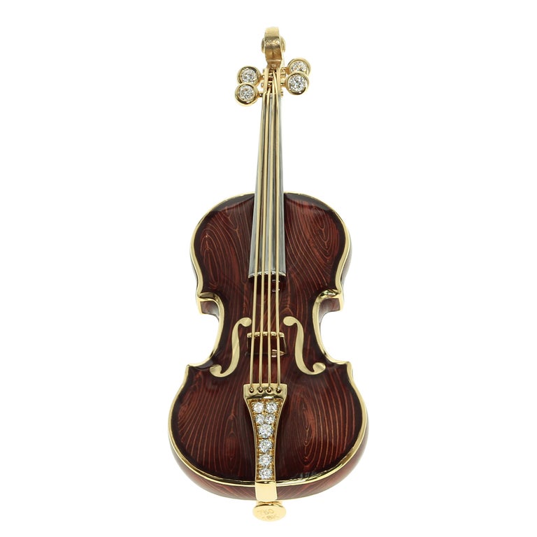 Classical Enamel Diamond 18 Karat Yellow Gold Violin Brooch For Sale at ...