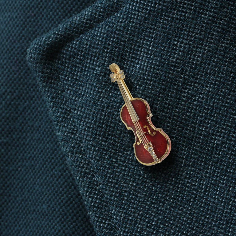 Classical Enamel Diamond 18 Karat Yellow Gold Mini Violin Brooch For ...