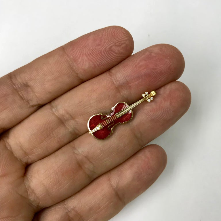 Classical Enamel Diamond 18 Karat Yellow Gold Mini Violin Brooch For ...