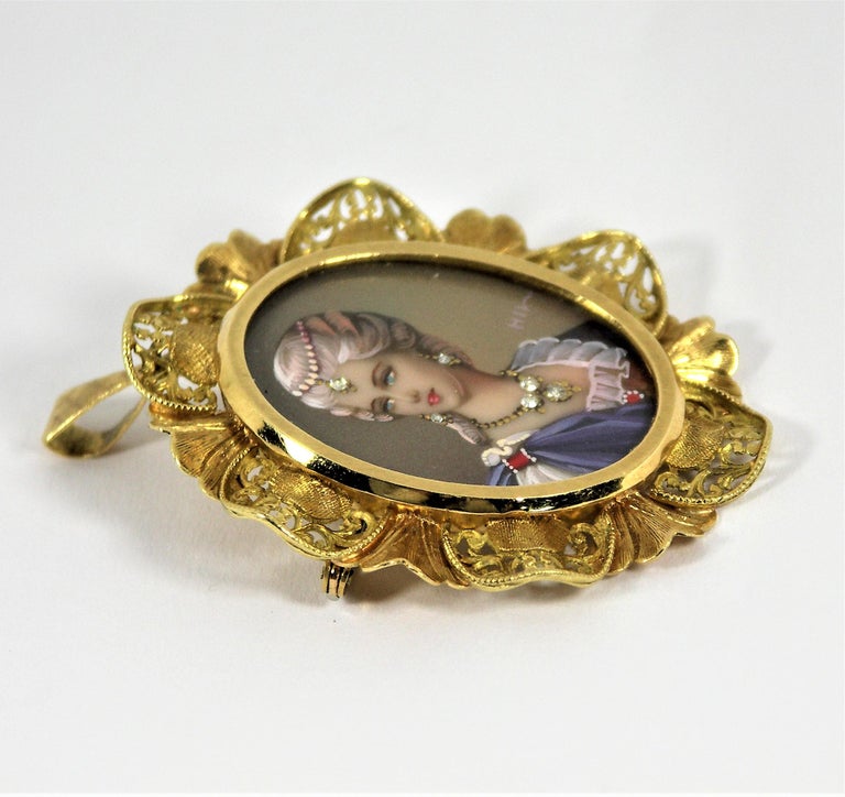 Classical Gold Hand Painted Portrait Pendant/Brooch For Sale at 1stDibs