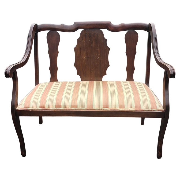 Classical Style Mahogany and Stripe Upholstered Loveseat Bench For Sale ...