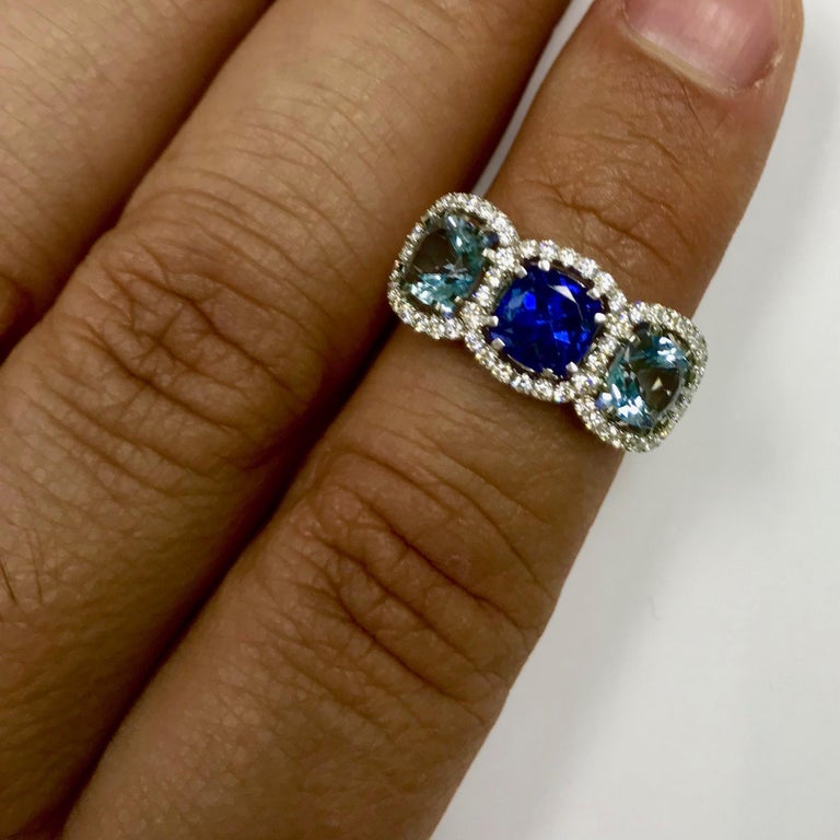 Classical Tanzanite Aquamarine and Diamond 18 Karat White Gold Three ...