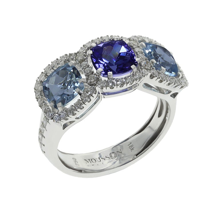 Classical Tanzanite Aquamarine and Diamond 18 Karat White Gold Three ...