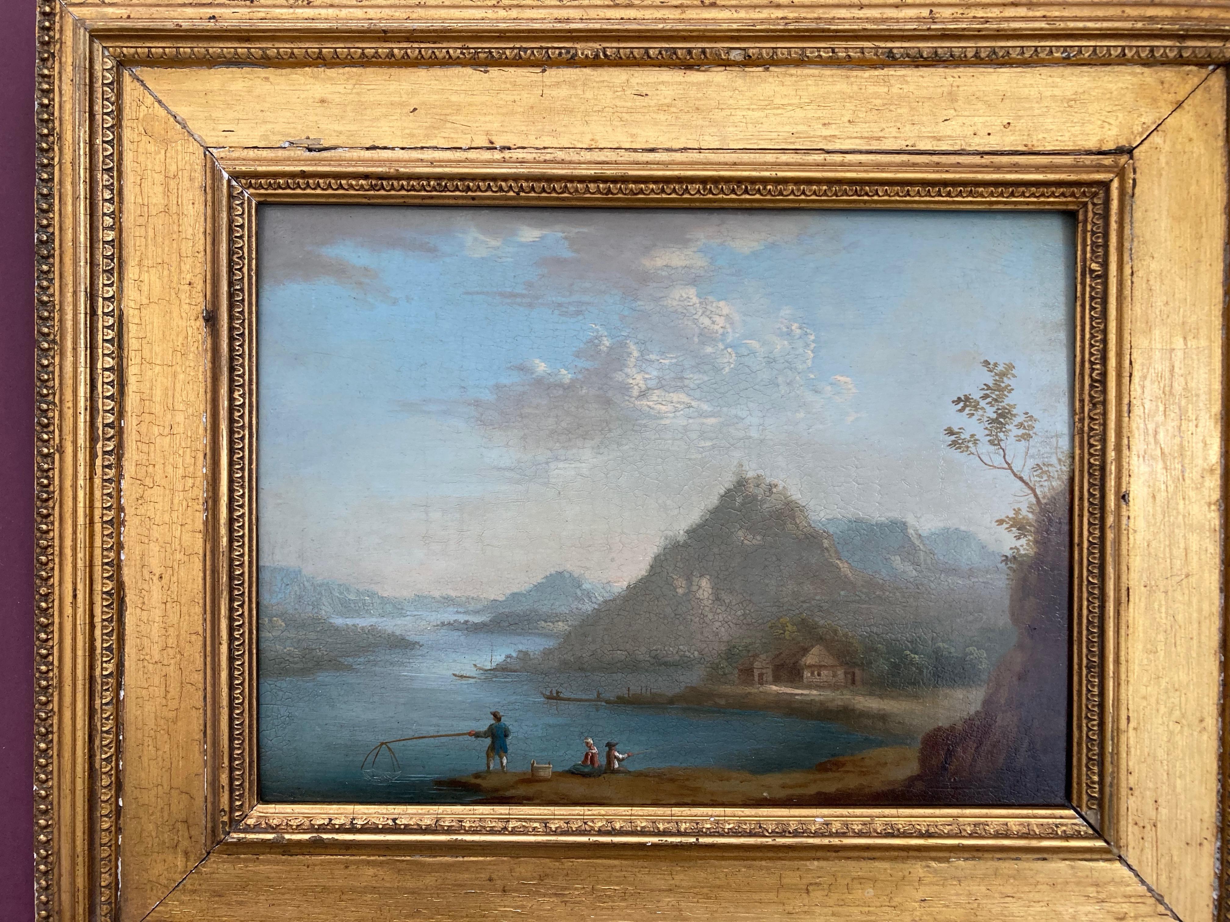 French Arcadian landscape with figures fishing in the mountains at ...
