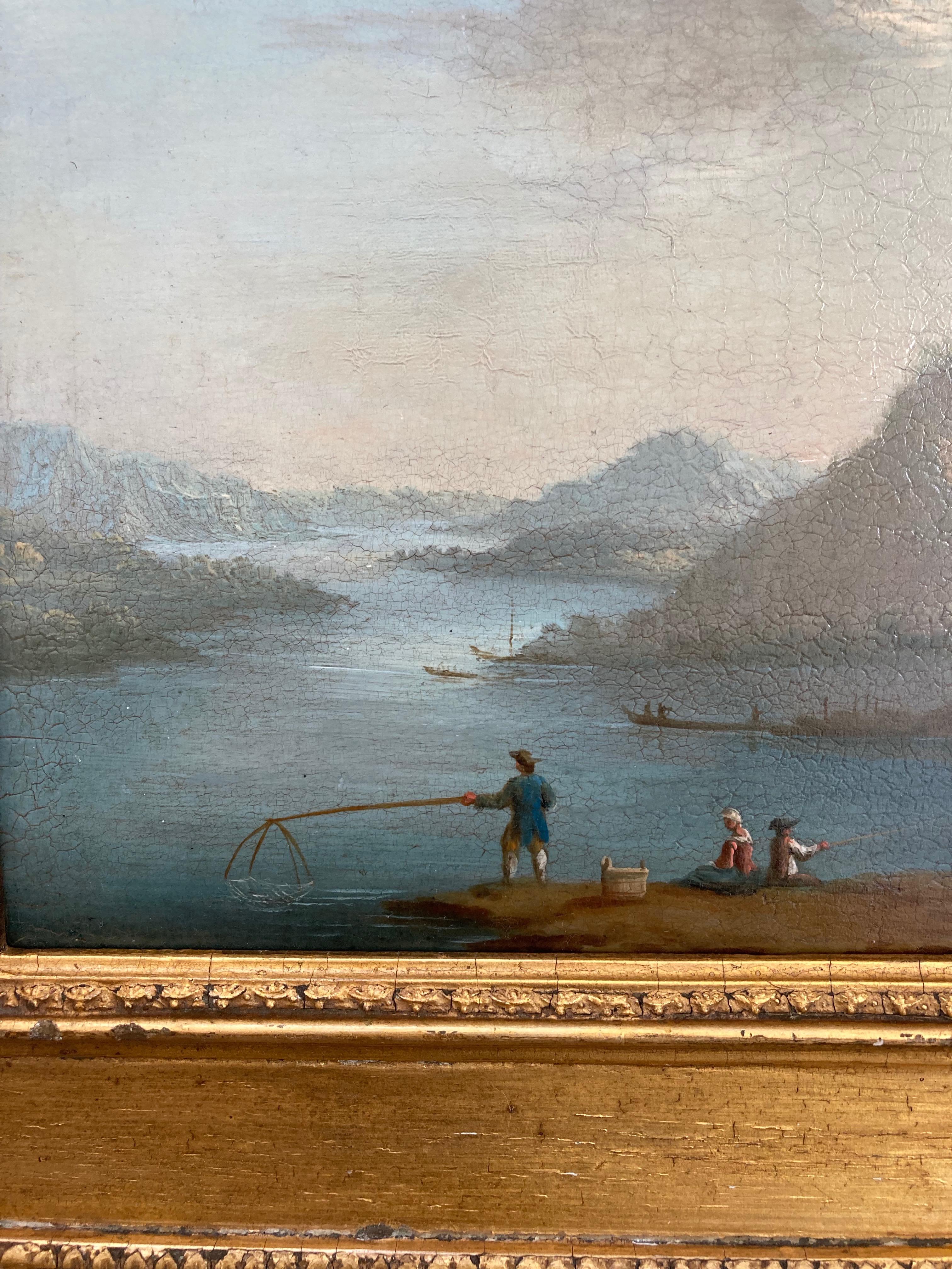 French Arcadian landscape with figures fishing in the mountains at ...