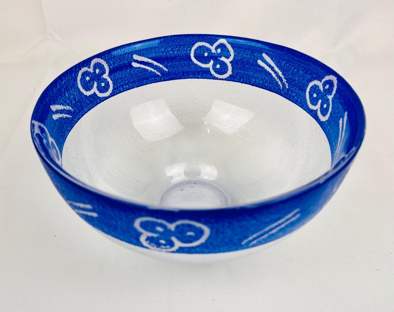 Wide Band of Bright Blue on Textured Frosted Clear Glass Bowl For Sale ...
