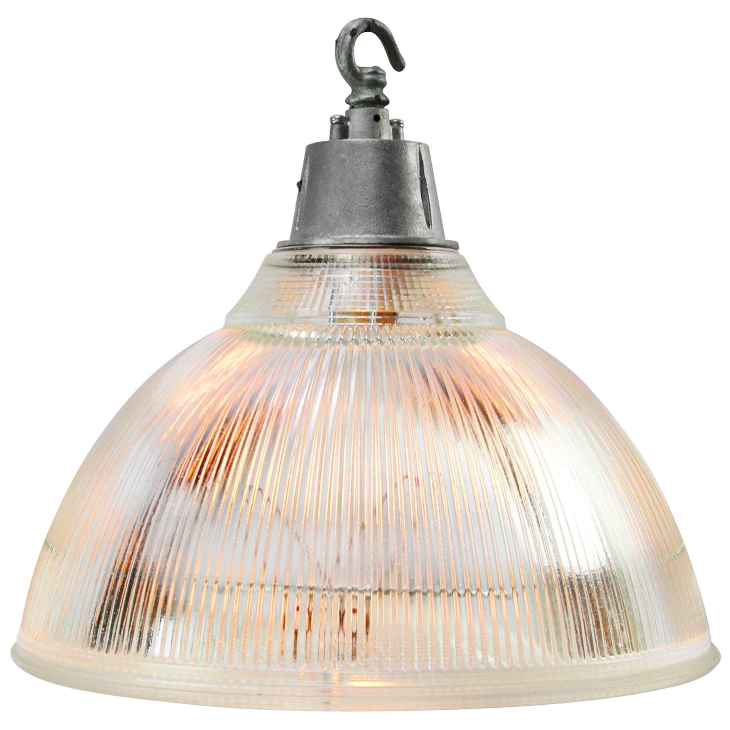 Clear Holophane UK Glass Vintage Industrial Metal Top Pendant Light at 1stDibs