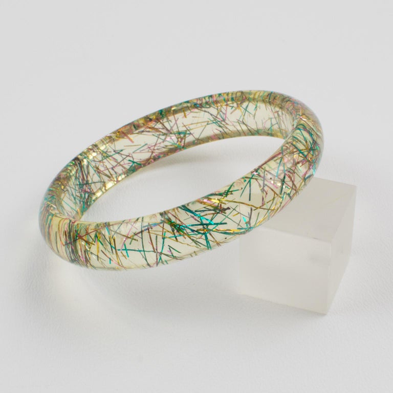 Clear Lucite Bracelet Bangle Multicolor Metallic Thread Inclusions For ...