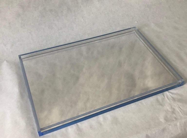 Clear Lucite with Imbedded Blue Border and Mirror Base Decorative ...