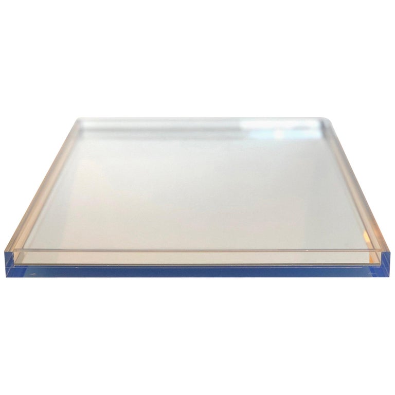 Clear Lucite with Imbedded Blue Border and Mirror Base Decorative ...