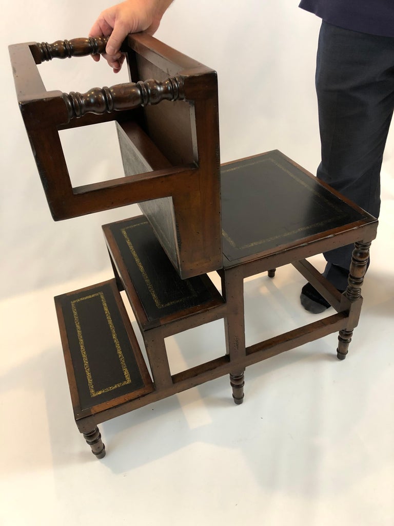 Clever Convertible Vintage Wood and Tooled Leather Library Steps and ...