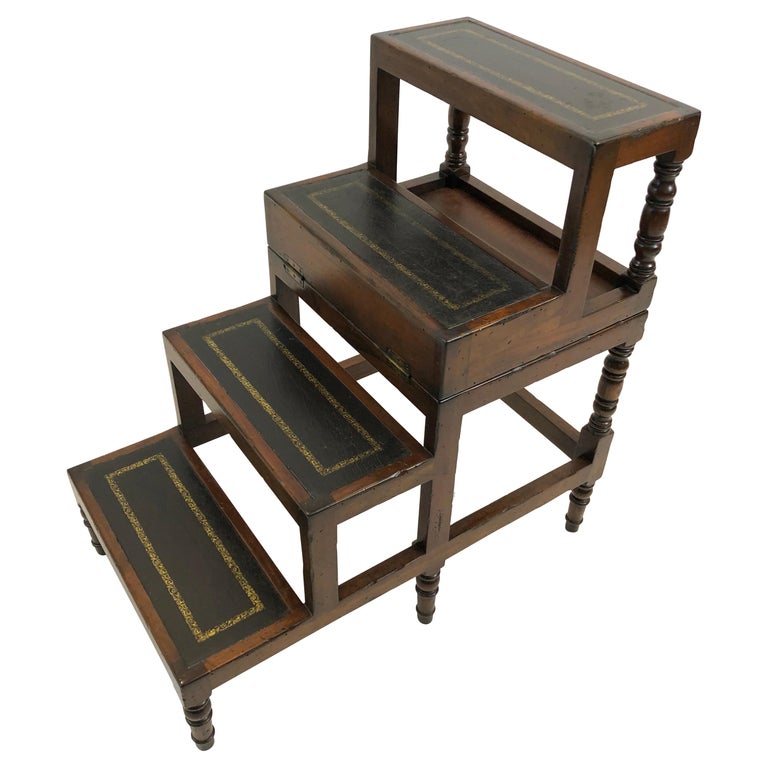 Clever Convertible Vintage Wood and Tooled Leather Library Steps and ...