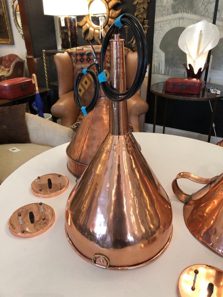 Clever Trio of Antique Copper Funnel Light Pendants For Sale at 1stDibs ...