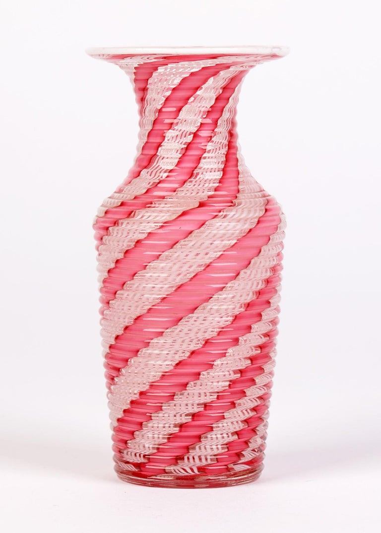 Clichy French Latticinio Pink Ribbon Patterned Glass Vase For Sale at ...