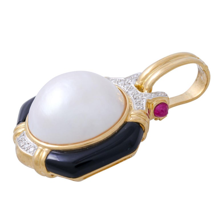 Clip Pendant with Mabe Pearl, Onyx, Rubies and Diamonds For Sale at 1stDibs