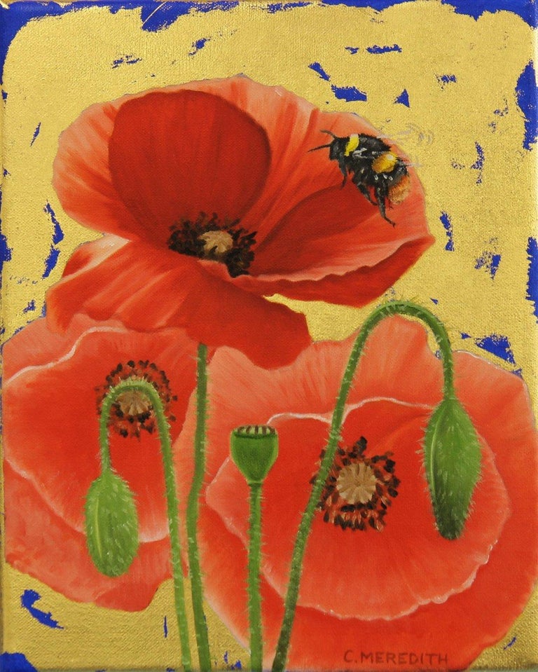 Clive Meredith - Poppies and Early Bumblebee - oil and gold leaf ...