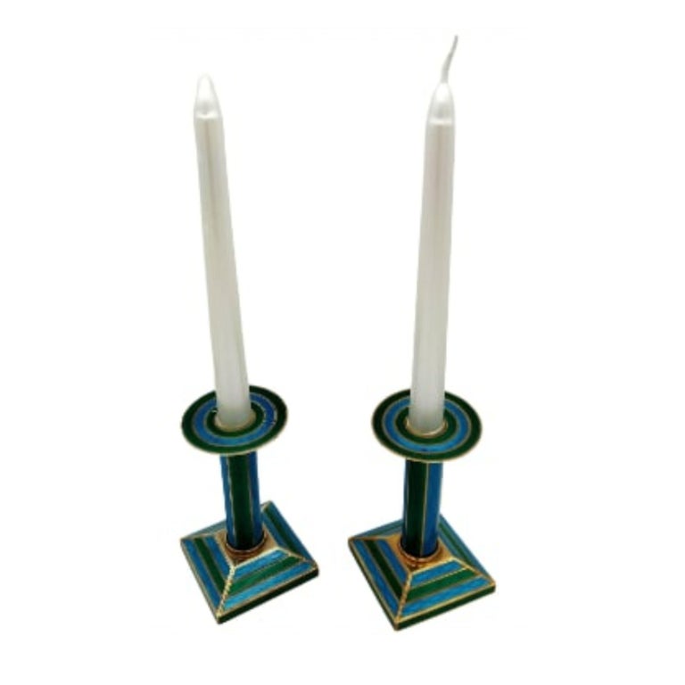 Clock and 2 Candlesticks Table set Sterling Silver Enamel Salimbeni ...