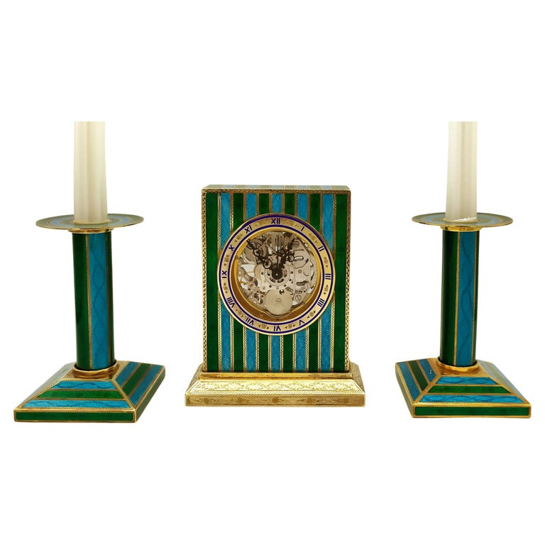 Clock and 2 Candlesticks Table set Sterling Silver Enamel Salimbeni ...