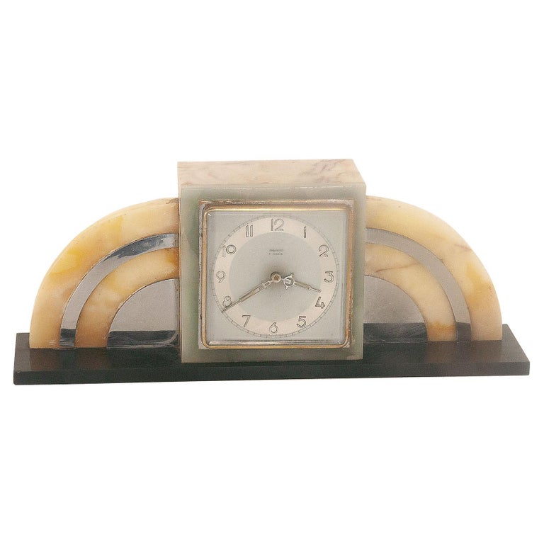 Clock Art Deco, in Marble from Bayard and Jours, France 1940, Green and ...