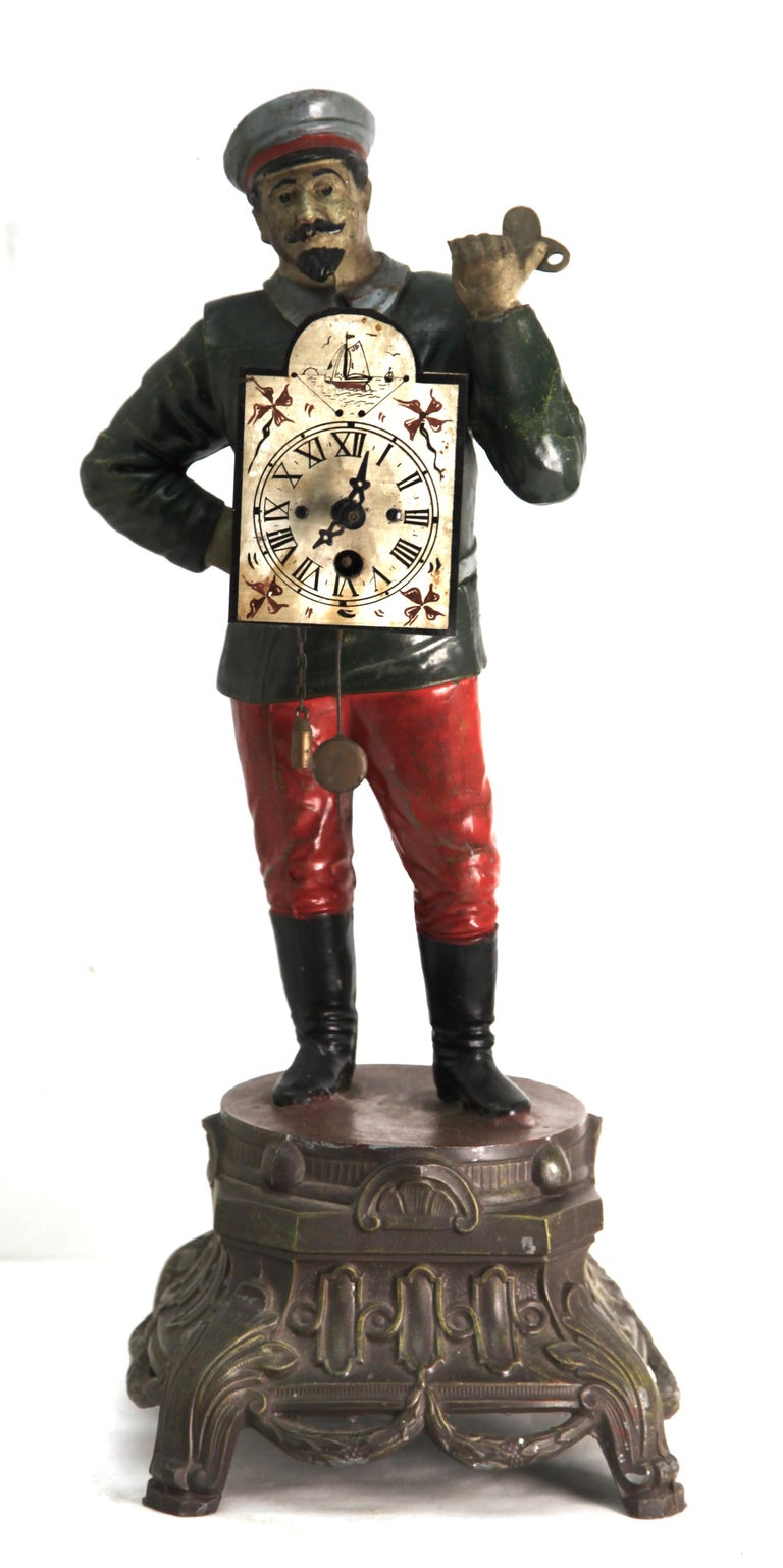 Clock Man, Wind-Up Clock with Key, Spelter, Hand-Painted For Sale at ...