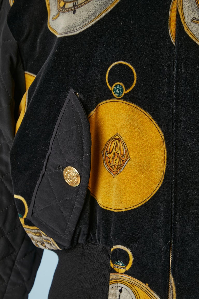 "Clock" printed and padded velvet jacket with zip Escada Circa 1980's ...