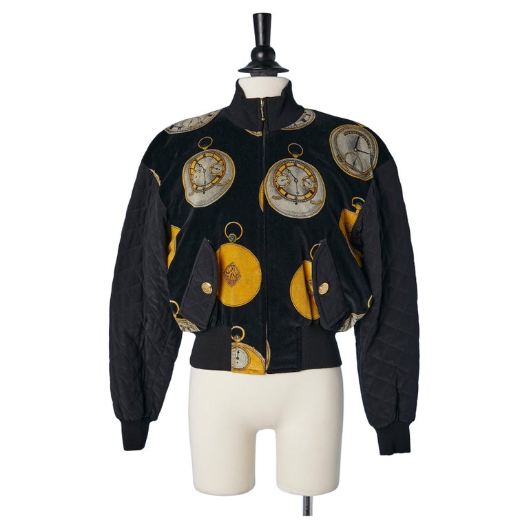 "Clock" printed and padded velvet jacket with zip Escada Circa 1980's ...