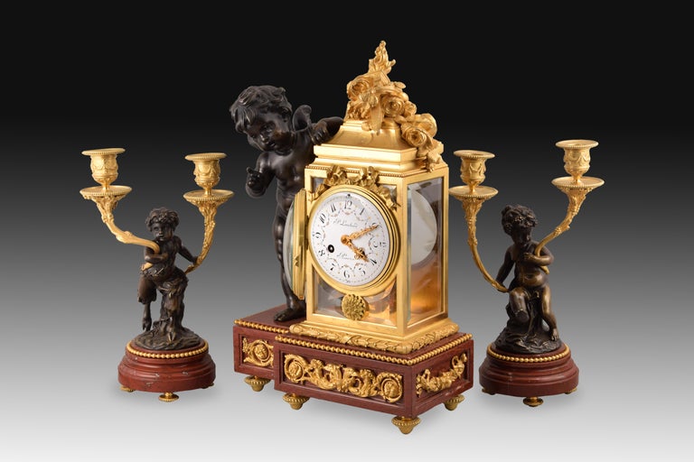 Clock Set, Bronze, Rouge Griotte, Etc, France, 19th C. After Clodion ...