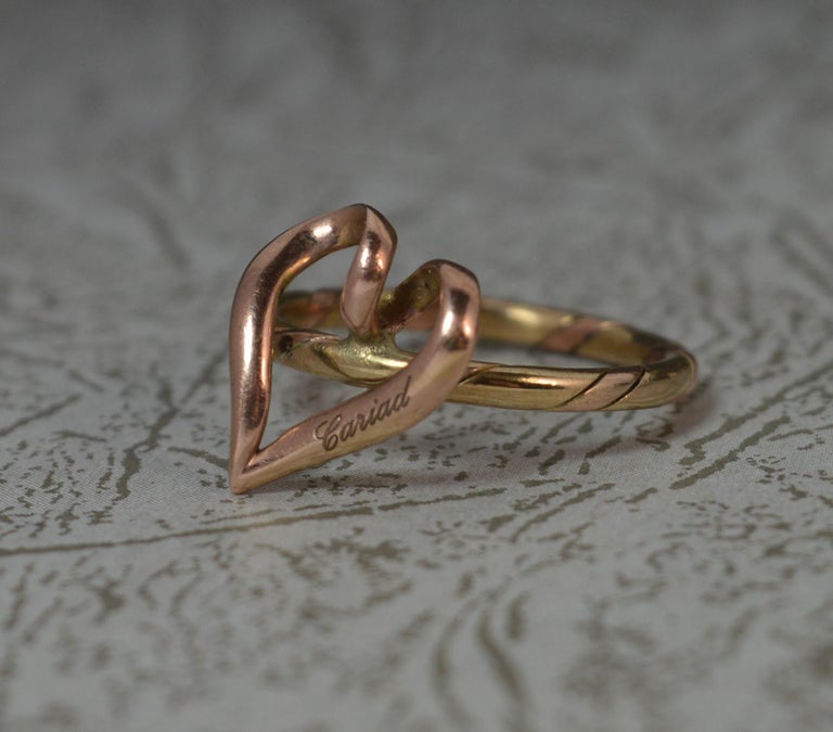 CLOGAU 9 Carat Yellow and Rose Gold Cariad Heart Ring For Sale at 1stDibs