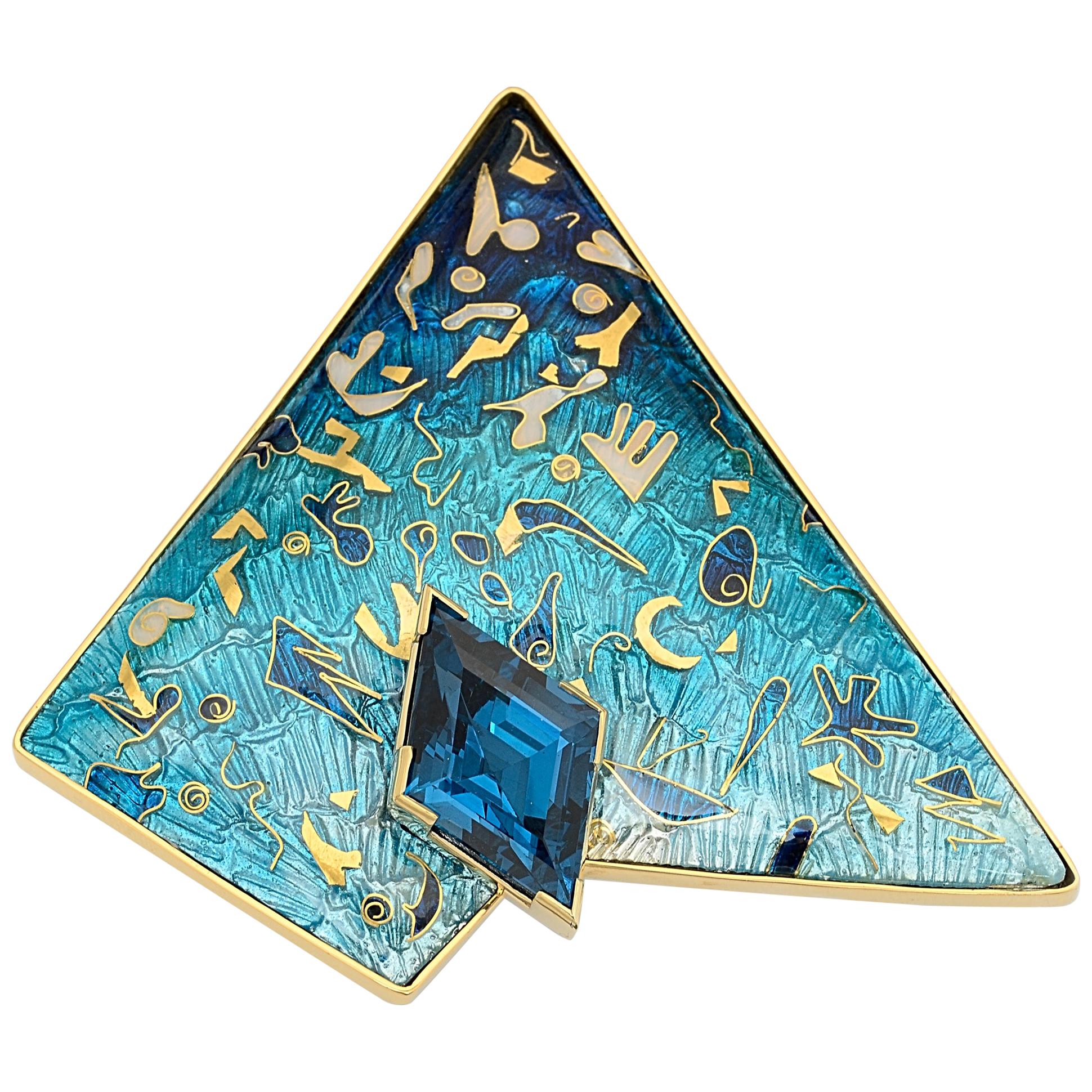 Cloisonné Enamel 24 and 22 Karat Yellow Gold London Blue Topaz Brooch ...