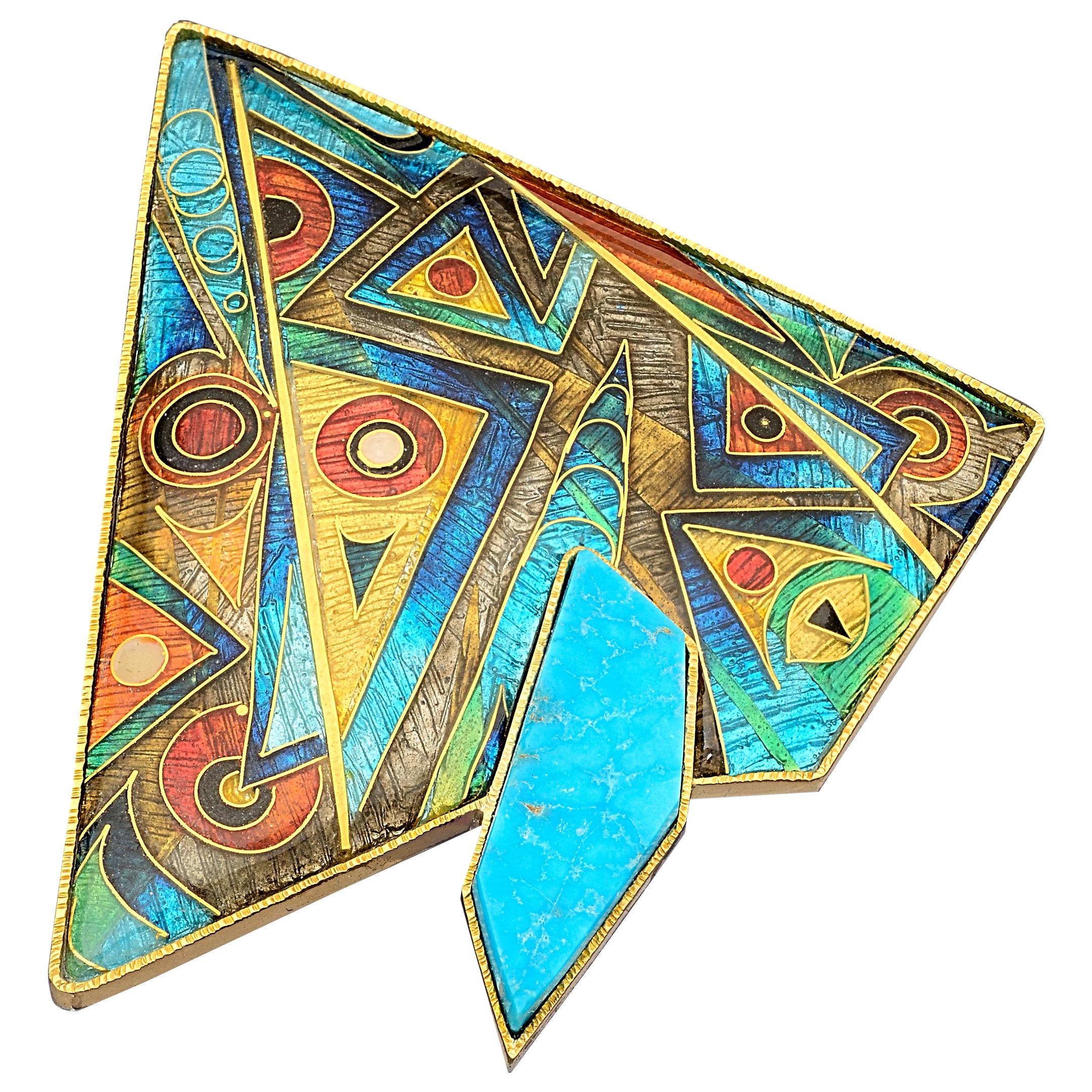 Cloisonne Enamel 24 and 22 Karat Yellow Gold with Turquoise Brooch For ...