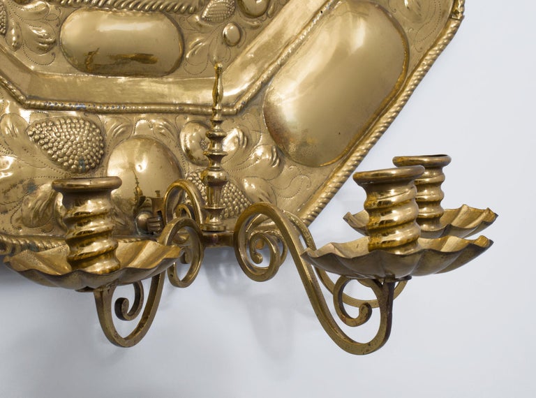 Close Pair of Dutch Brass Three-Light Sconces at 1stDibs