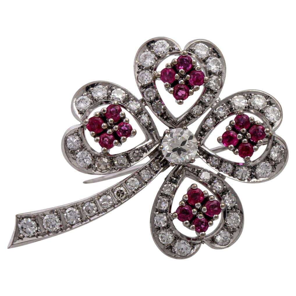Four Leaf Clover Brooch in Platinum with Amethysts and Diamonds, USA ...