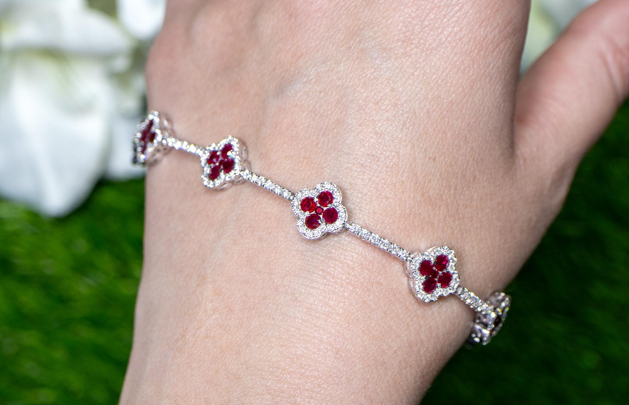 Clover Ruby Bracelet Diamond Links 6.47 Carats 18K White Gold For Sale ...