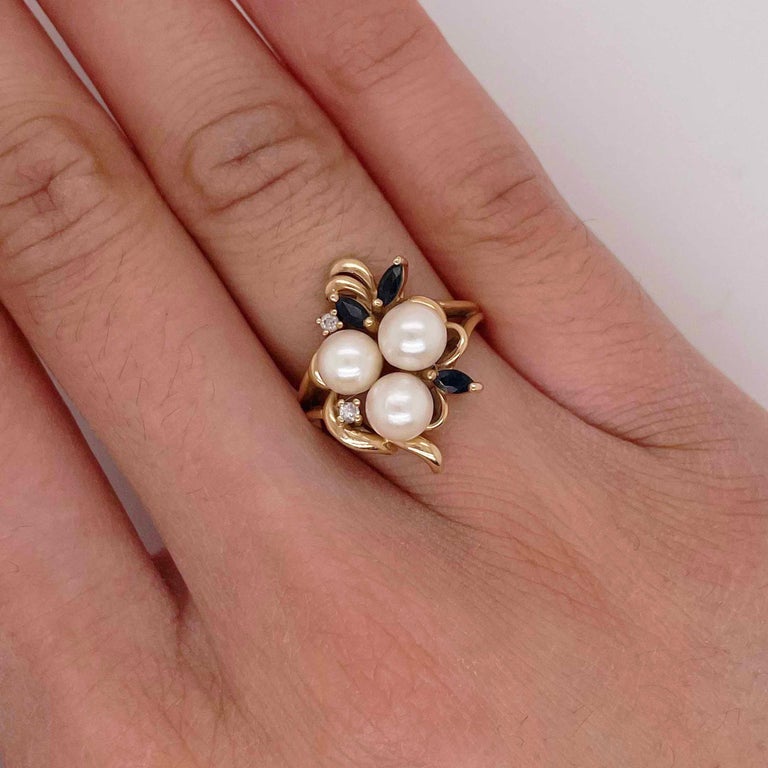 Cluster Pearl Ring with Sapphires, 14K Yellow Gold Akoya Pearl For Sale ...